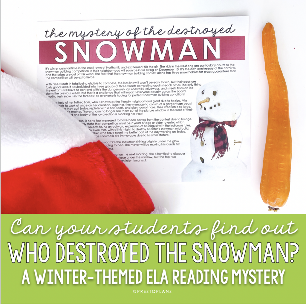 Winter Lesson for Middle School ELA - Snowman Reading Mystery - Presto ...